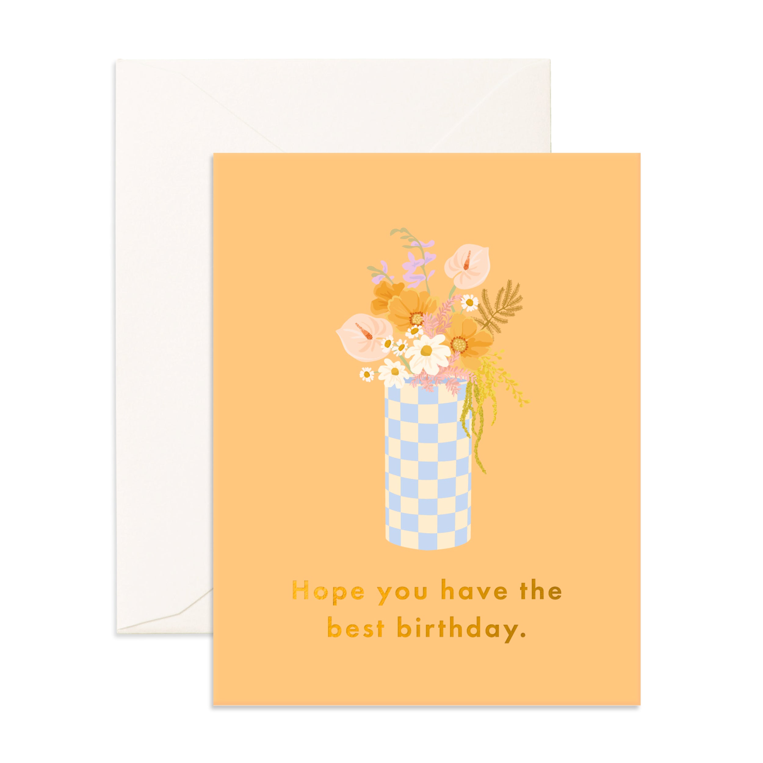 Best Birthday Blue Check Vase Greeting Card – Fox & Fallow